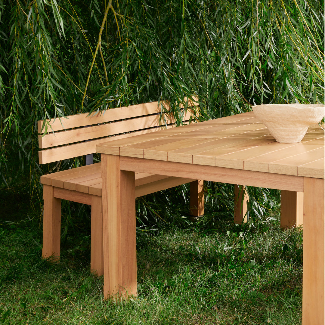Long outdoor bench with backrest Vivere │ Natural – Humble Nature